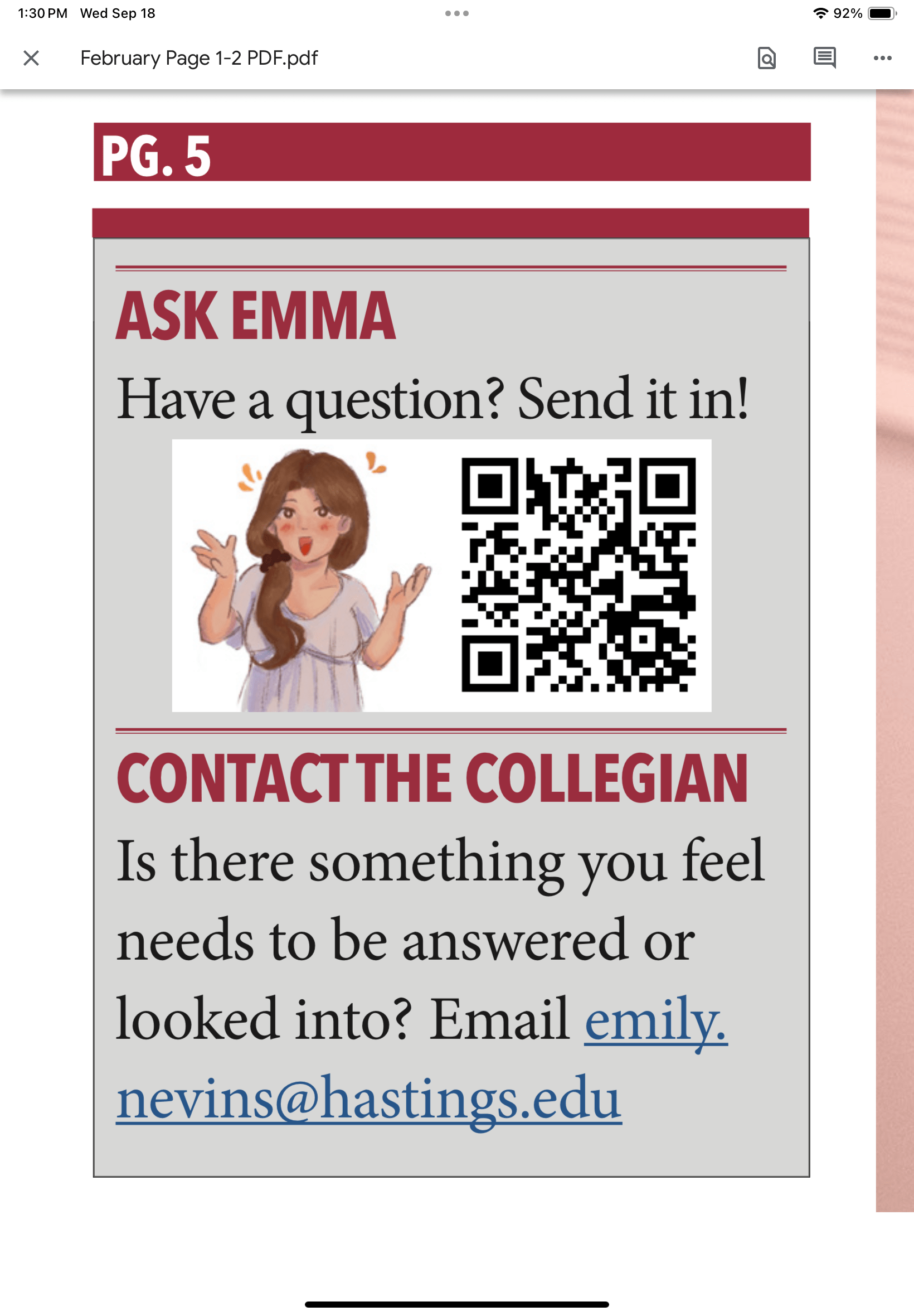 Ask Emma QR Code – The Hastings College Collegian